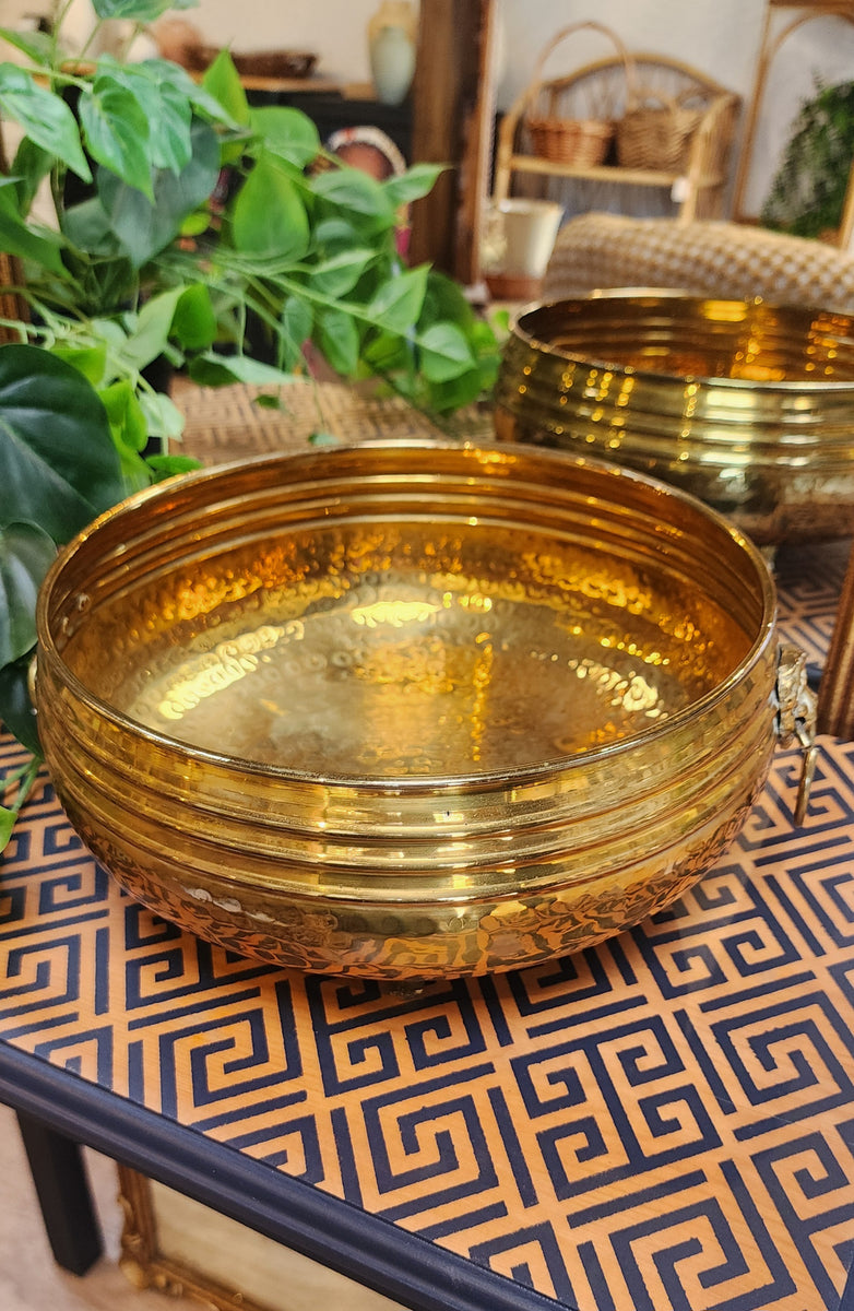 Hammered brass, lion head handle bowl with feet. – Mishique Design